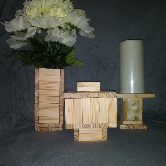 Accents | Wooden Block Flower Vase With Candle Holder And Box W Lid ...